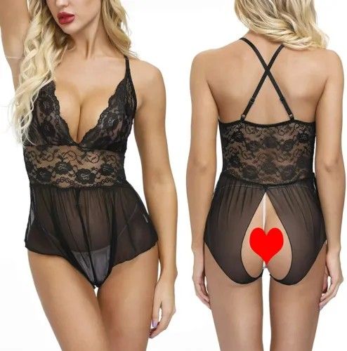 Black Lace Bodysuit Open Crotch Bikini Intimates Lingerie Loungewear