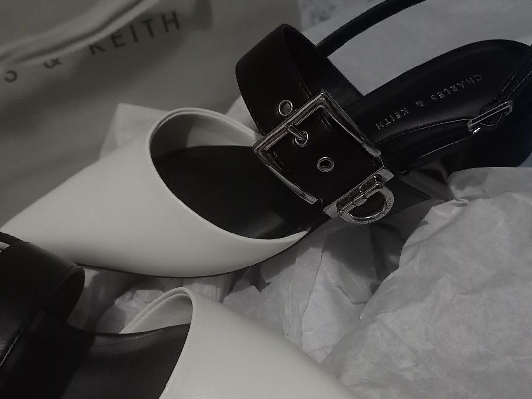 Charles & Keith Buckled Strap Slingback Pumps Heels - Black & White ...