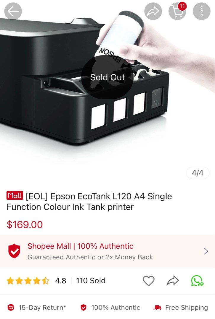 Epson Ecotank L120 A4 colour ink tank printer, Computers & Tech ...