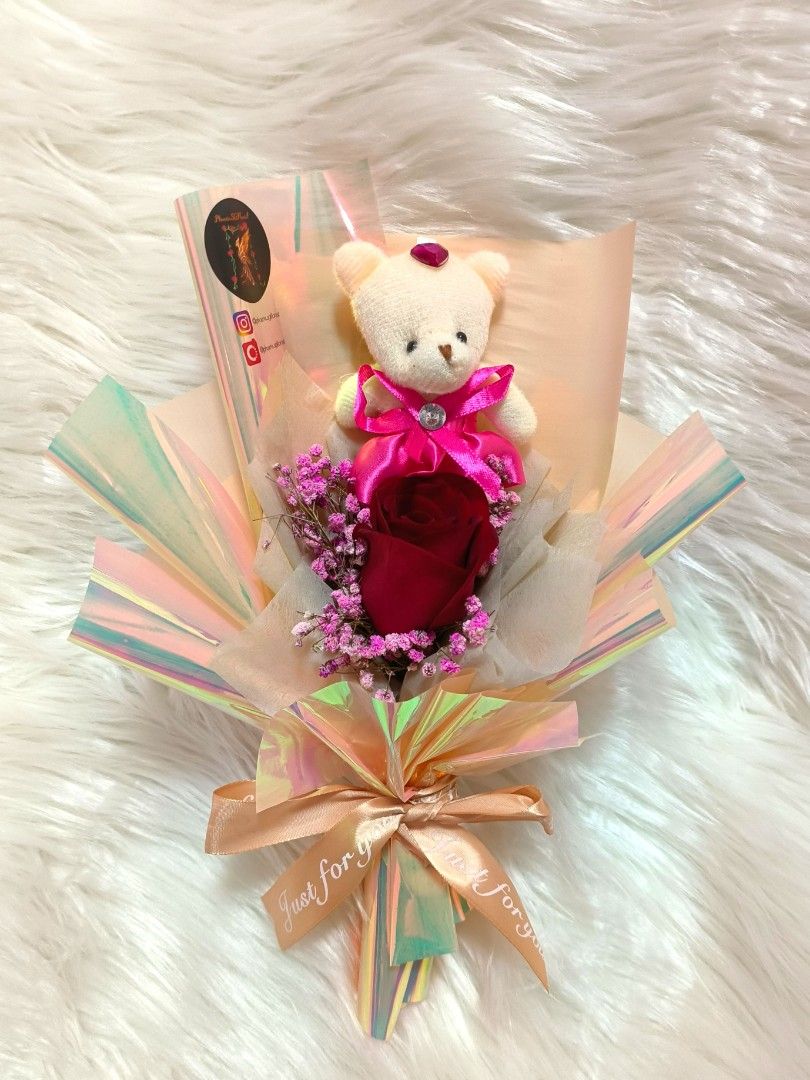 Fresh flower bouquet series - Fresh rose bouquet with bear plushie ...