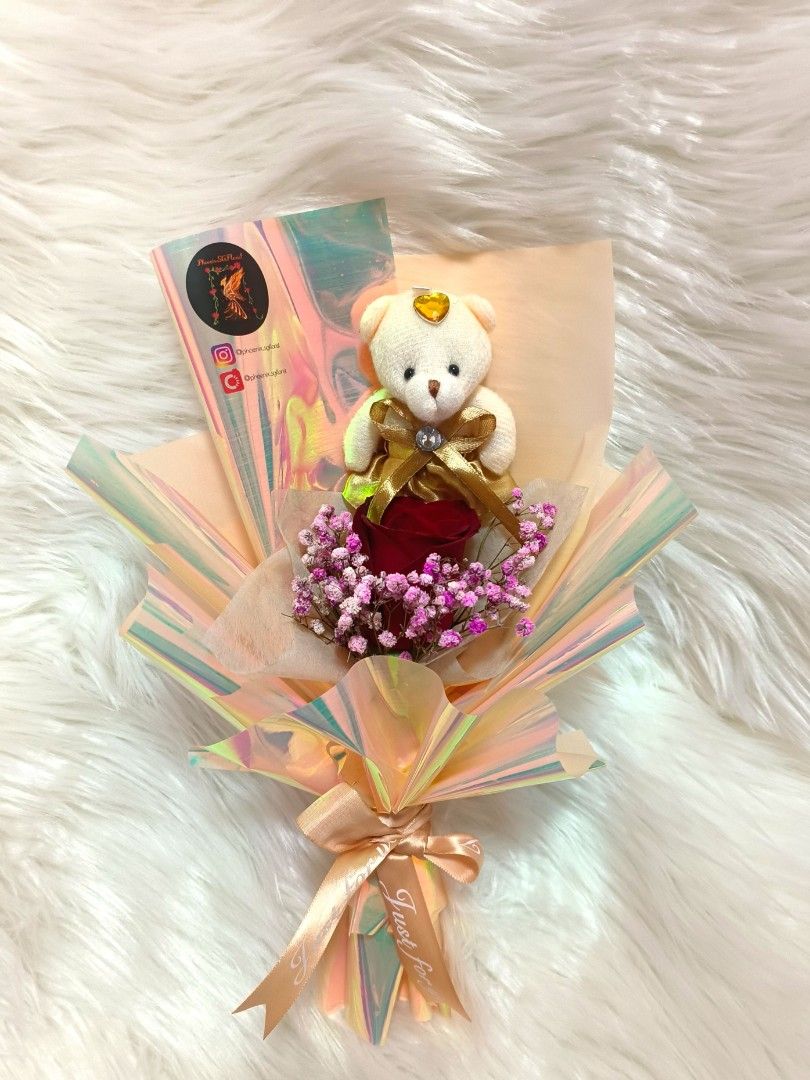 Fresh flower bouquet series - Fresh rose bouquet with bear plushie ...