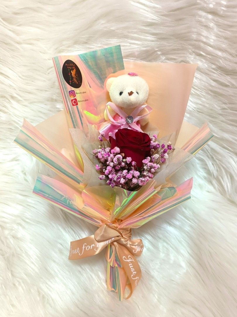 Fresh flower bouquet series - Fresh rose bouquet with bear plushie ...