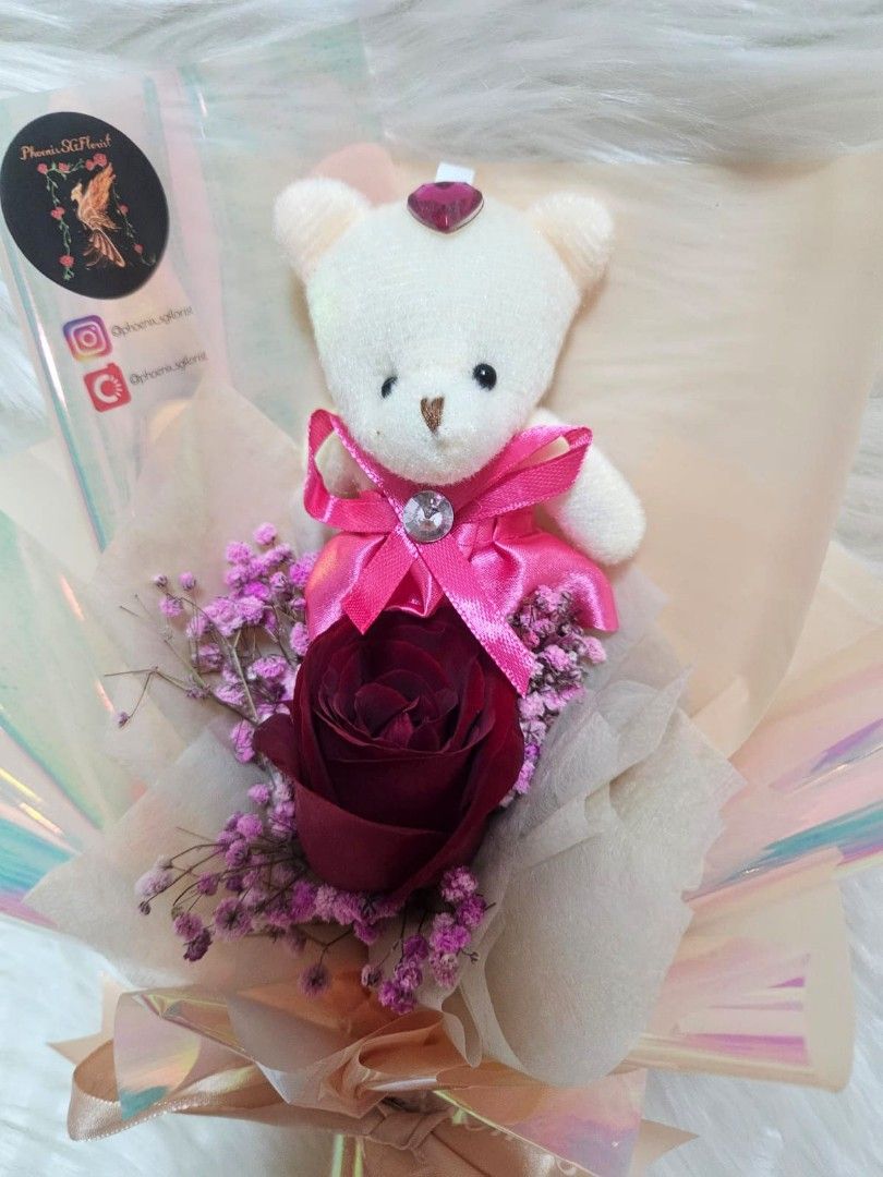 Fresh flower bouquet series - Fresh rose bouquet with bear plushie ...