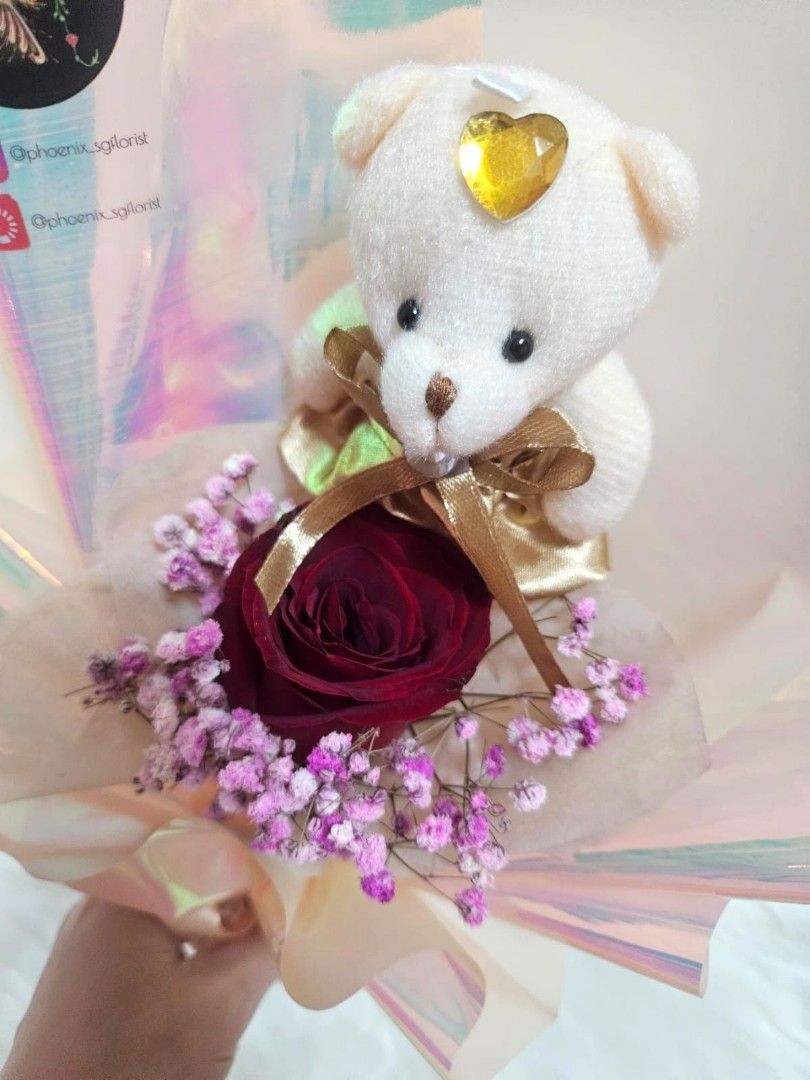 Fresh flower bouquet series - Fresh rose bouquet with bear plushie ...