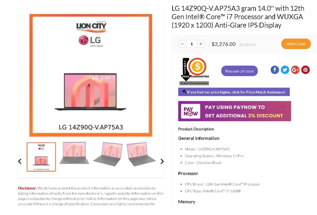 LG Gram Laptop Brand New 12th Gen Intel®️ Core™️ i7 Processor and WUXGA ...