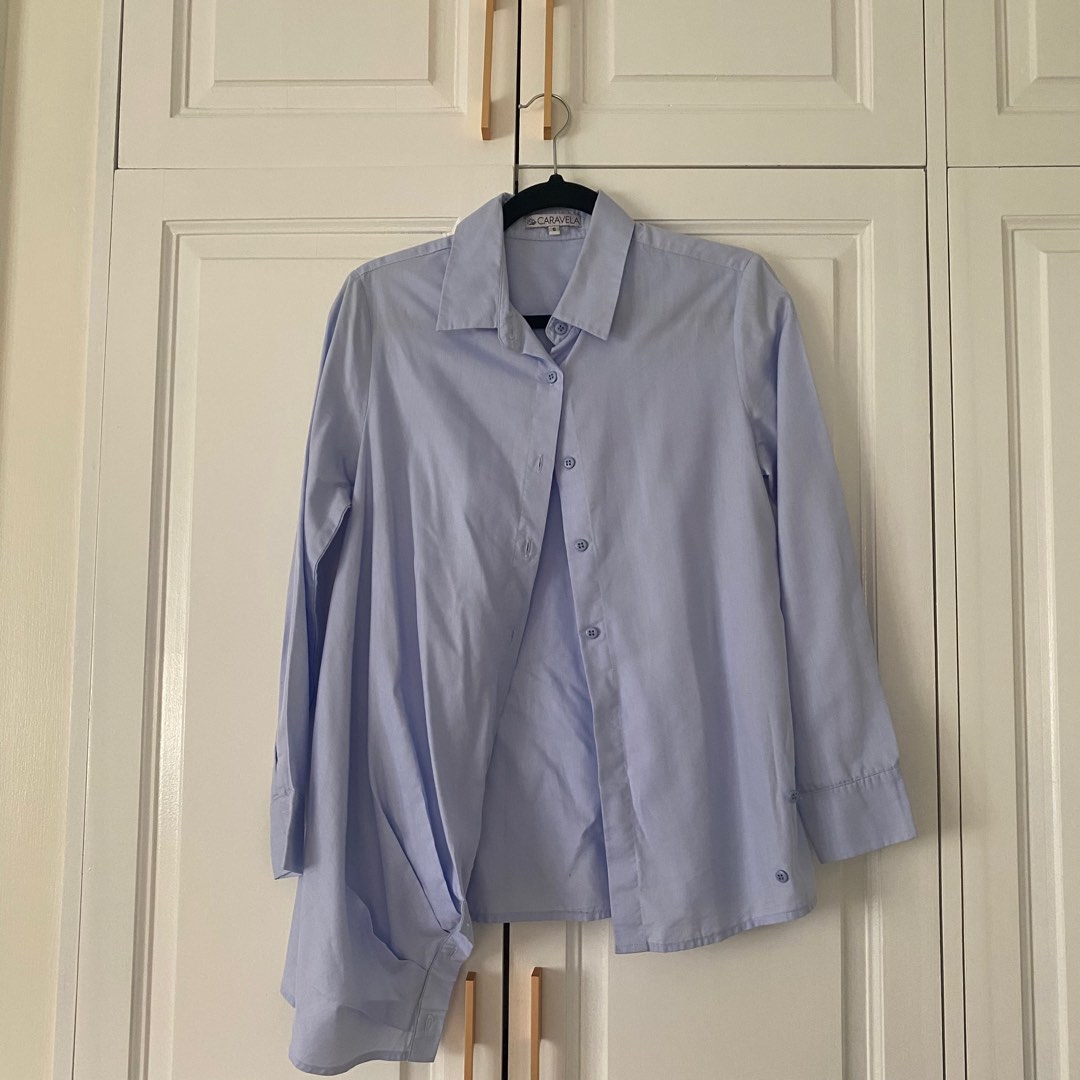 Light Blue Button Up Blouse, Women's Fashion, Tops, Blouses on Carousell