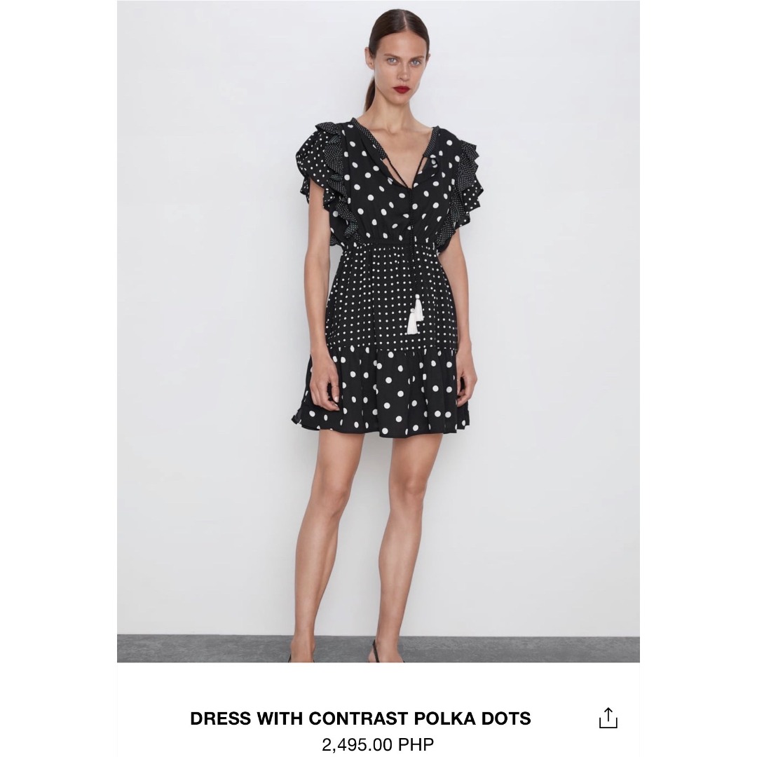 Nwt 100auth Zara No Iron Frilly Dress With Contrast Polka Dots P2495 Womens Fashion Dresses