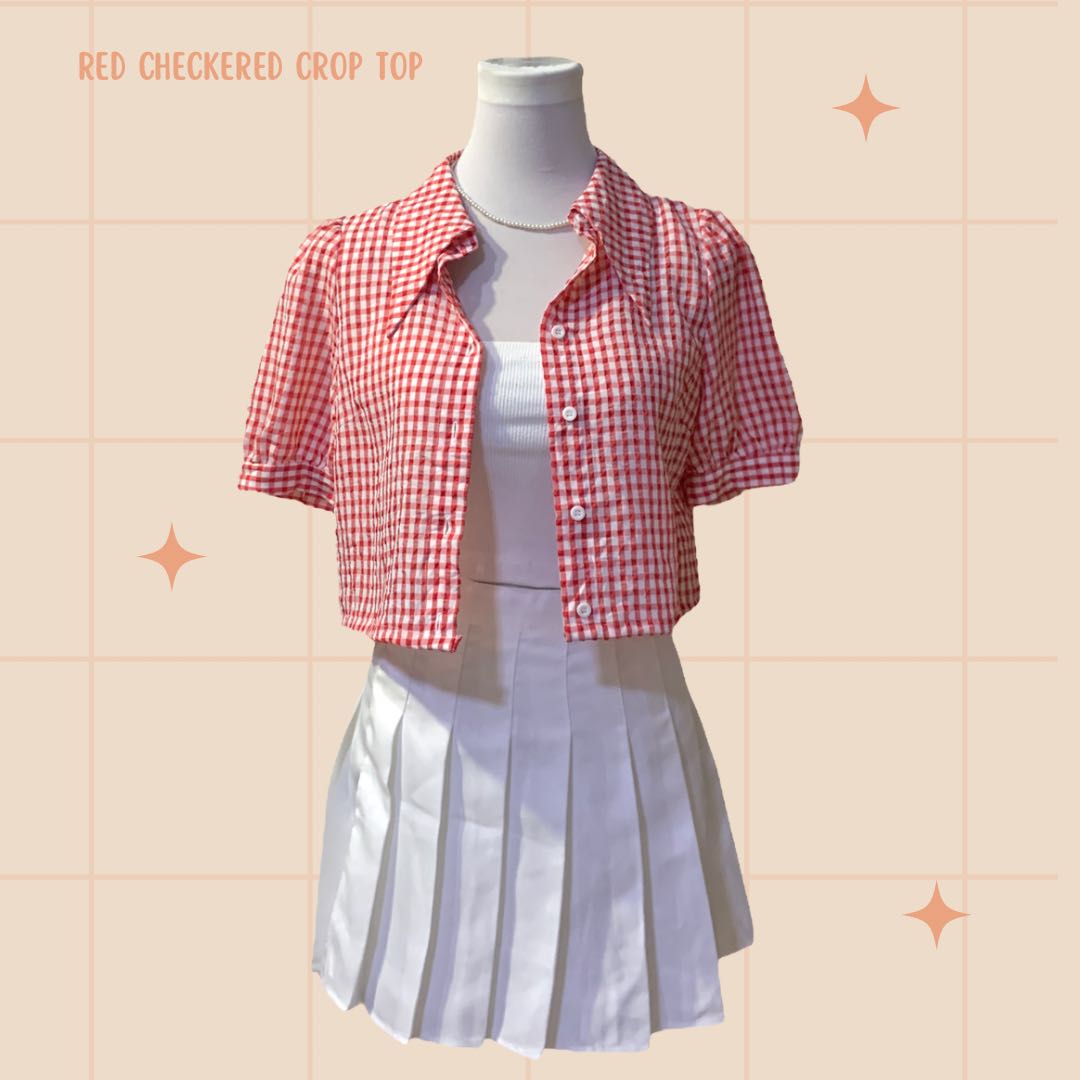 RED PLAID CHECKERED KOREAN BLOUSE, Women's Fashion, Tops, Blouses on ...