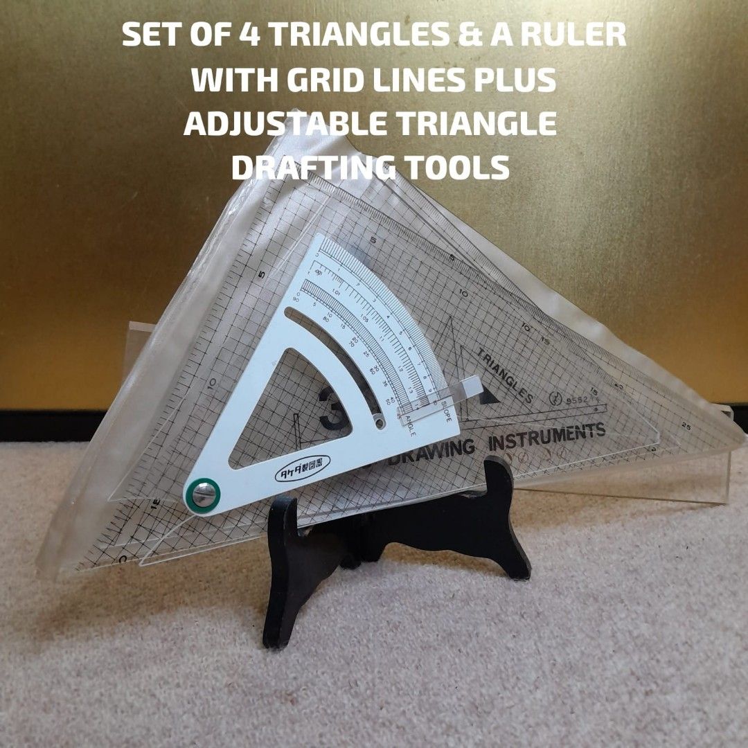 SET OF 4 TRIANGLES & A RULER WITH GRID LINES PLUS ADJUSTABLE TRIANGLE ...