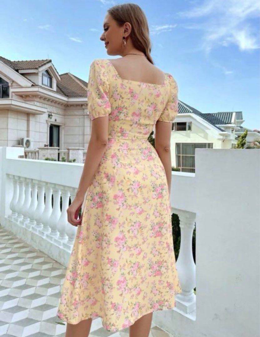 Shein Fairy Cottagecore Midi Dress Vintage Floral Puff Sleeve With Slit ...