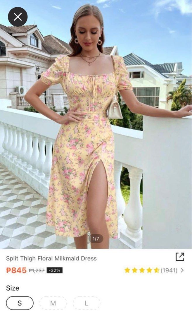 Shein Fairy Cottagecore Midi Dress Vintage Floral Puff Sleeve With Slit ...