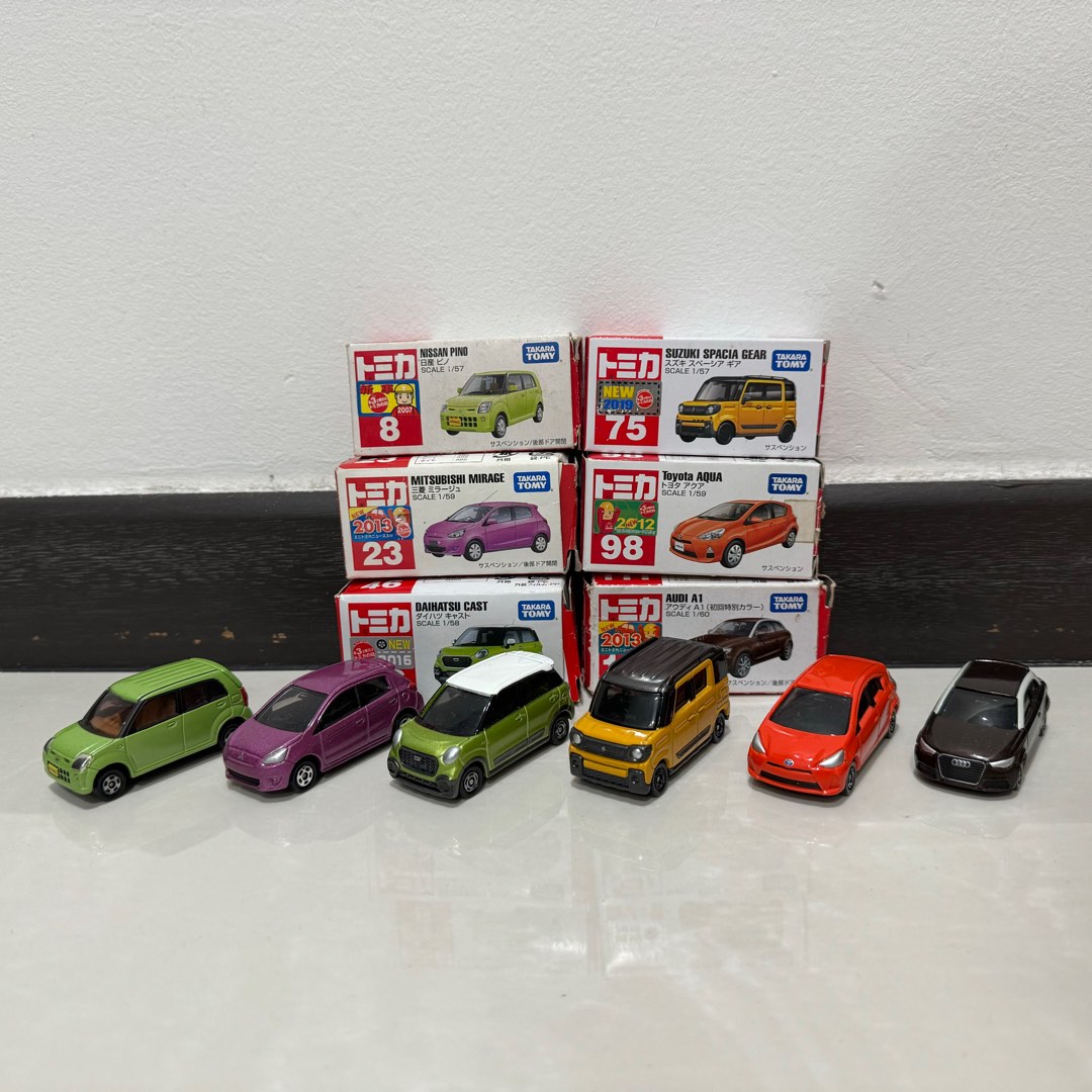 Tomica #8 Nissan Pino, #23 Mitsubishi Mirage, #46 Daihatsu Cast, #75 ...