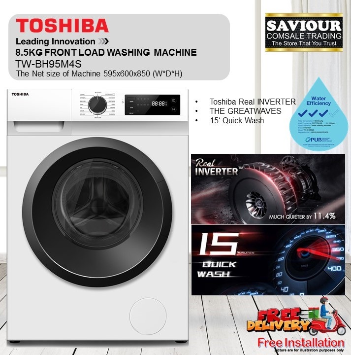 TOSHIBA TW-BH95S2S 8.5KG FRONT LOAD Real INVERTER WASHING MACHINE - WHITE - 3 TICKS, TV & Home ...