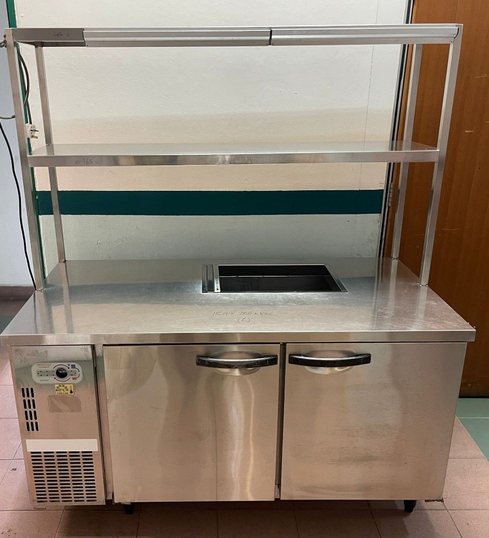 Used 2 door counter chiller with stainless steel overhead shelf, TV ...