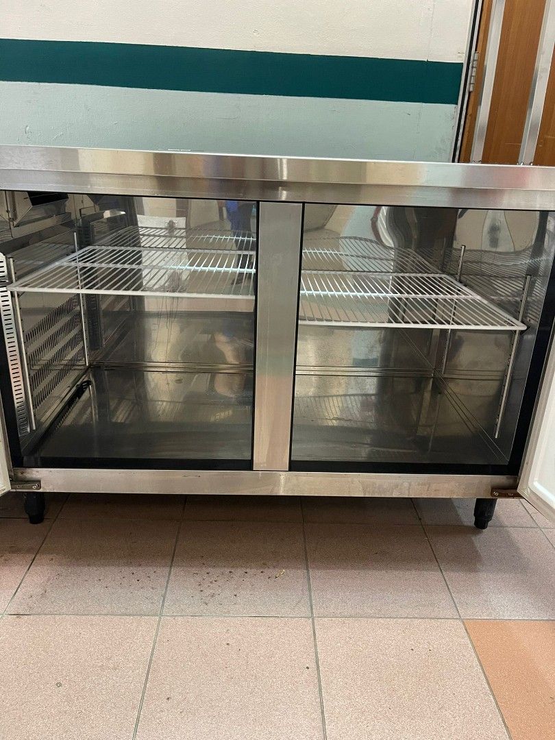 Used 2 door counter chiller with stainless steel overhead shelf, TV ...