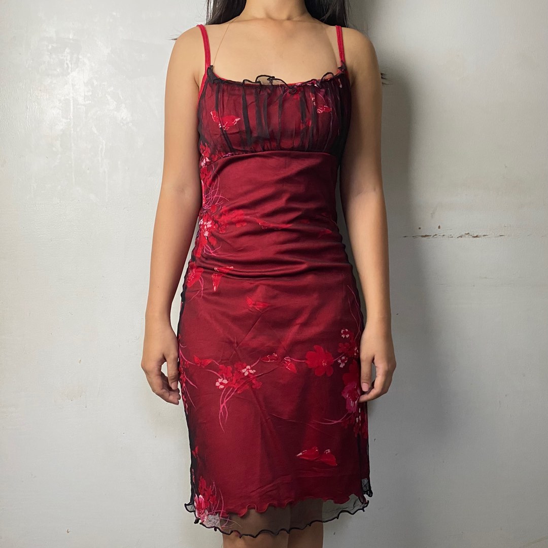 2000’s try red floral mesh dress y2k, Women's Fashion, Dresses & Sets ...