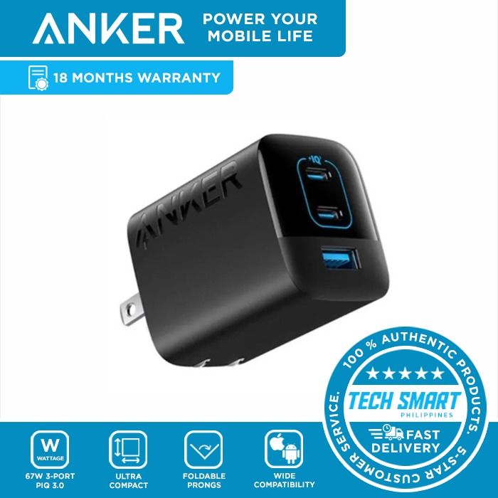 Anker 335 67W USB C Charger, 3 Port PIQ 3.0 Compact and Foldable Fast ...