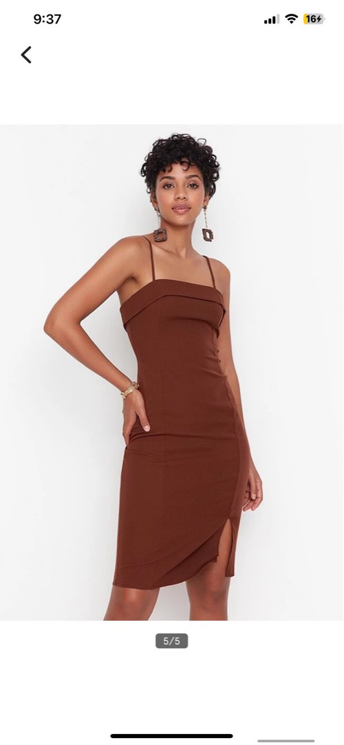 Dark Brown Rust Mini Dress with Slit, Women's Fashion, Dresses & Sets ...