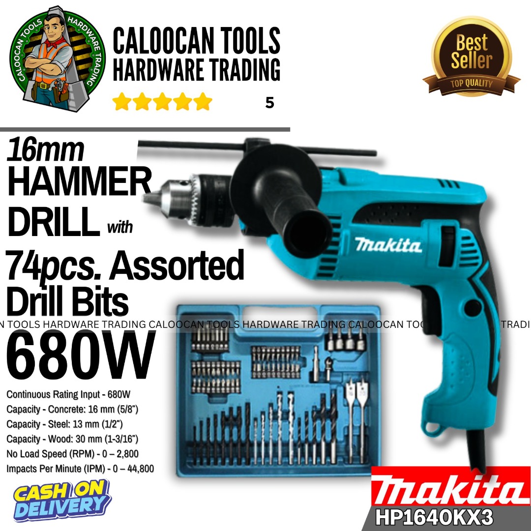 MAKITA 680W 16mm Hammer Drill with 74pcs Assorted Drill Bit Set and ...