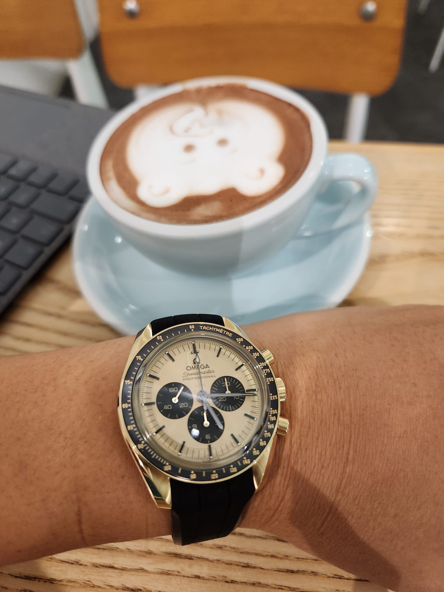 Omega Speedmaster 3861 Moonwatch Moonshine Gold 18K Rubber Strap “Gold ...