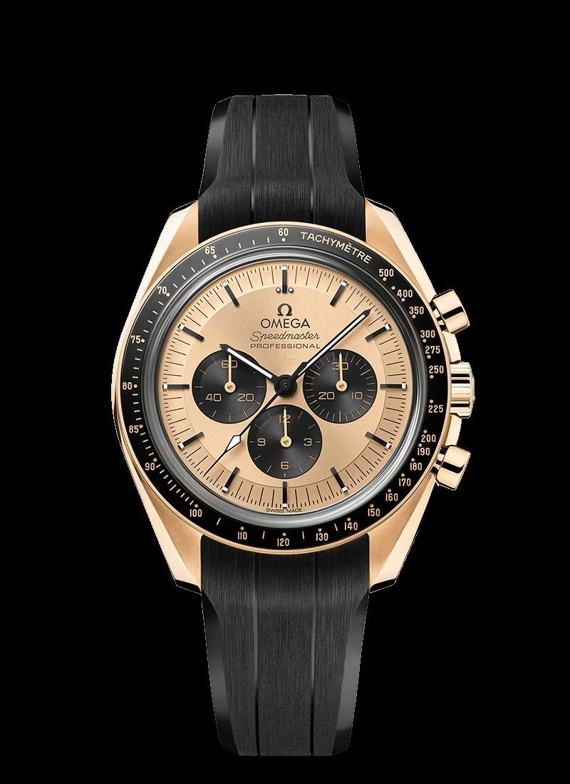 Omega Speedmaster 3861 Moonwatch Moonshine Gold 18K Rubber Strap “Gold ...