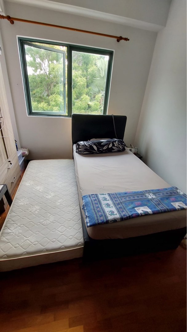 PVC Super Single bed frame with pull out mattress, Furniture & Home ...