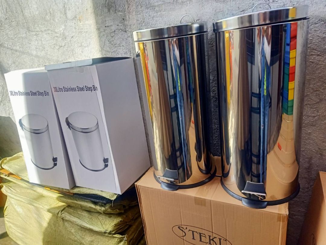 ROUND STAINLESS TRASH BIN, Furniture & Home Living, Cleaning & Homecare ...