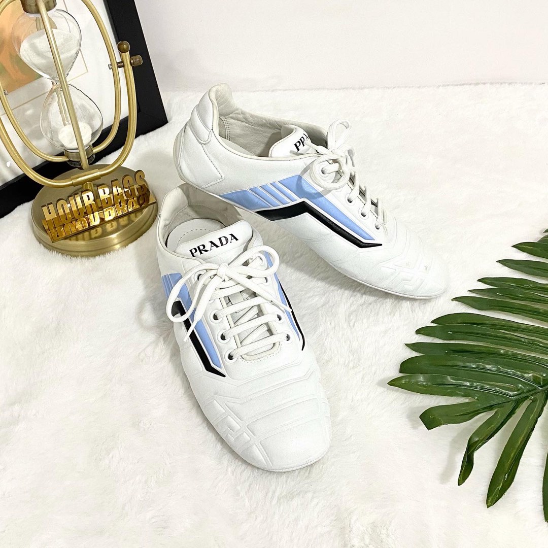 💯% Authentic Prada White And Blue Black Rev Lace-Up Sneakers, Luxury ...