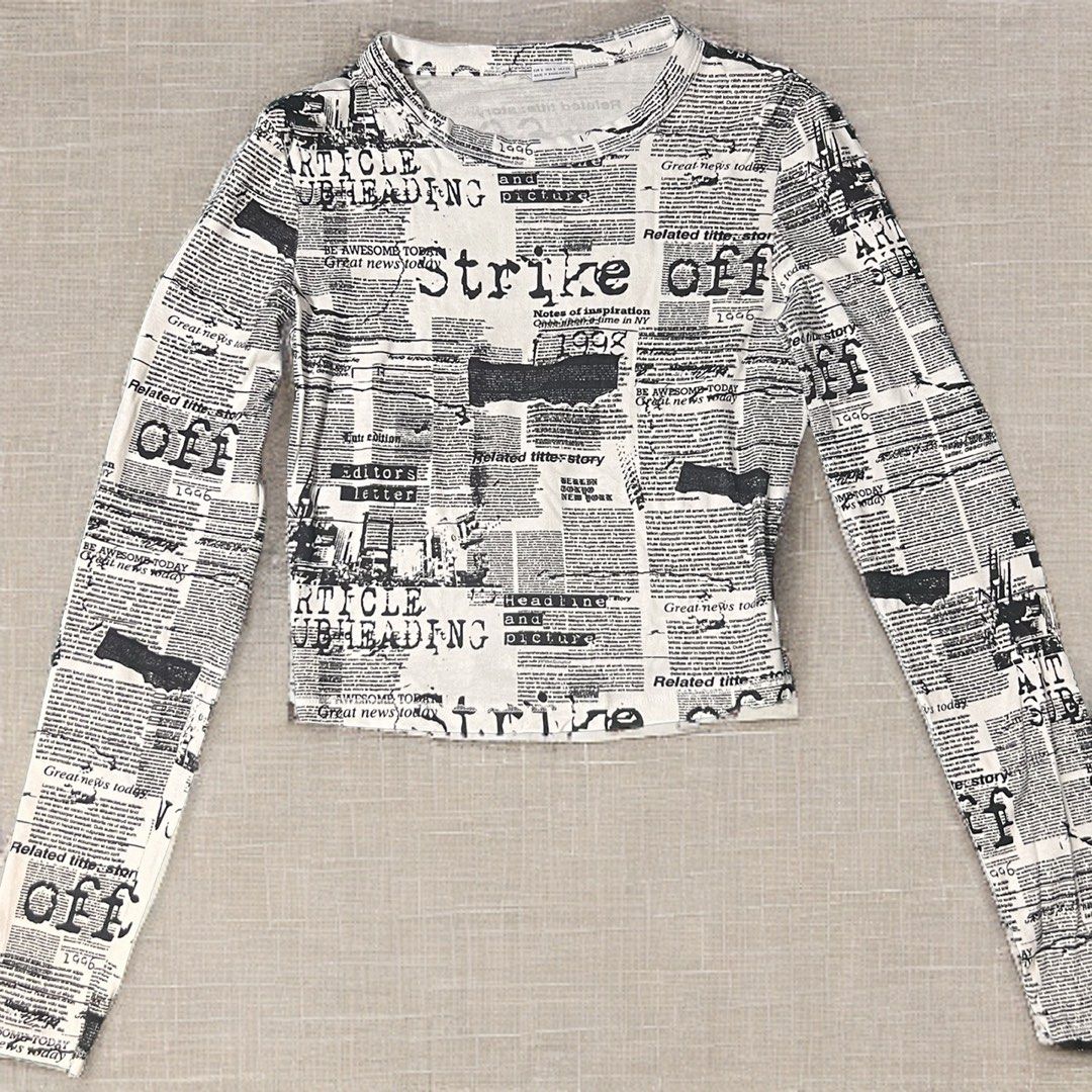 bershka newspaper print long sleeves, Women's Fashion, Tops ...