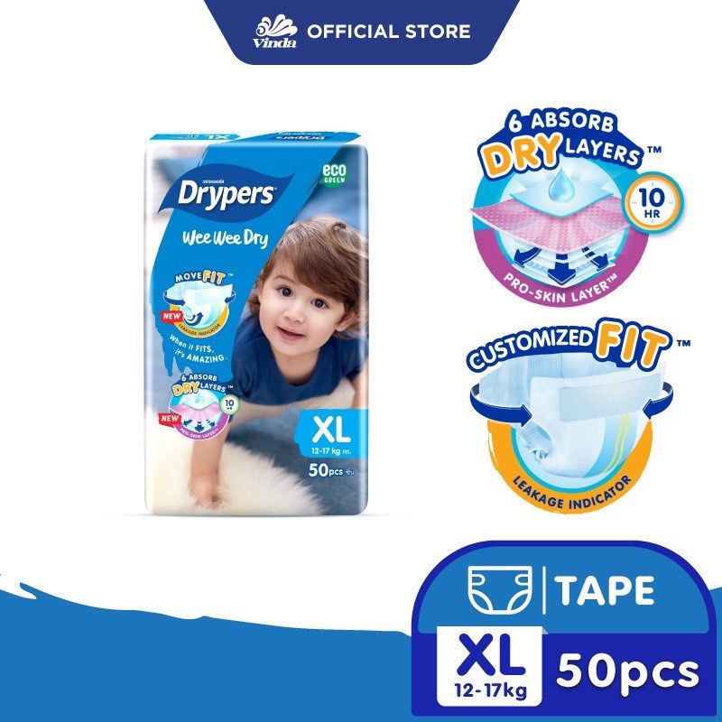Drypers Wee Wee Dry Tape - S80/M60/L58/XL50/XXL40 (1Pack) / Eco Green ...