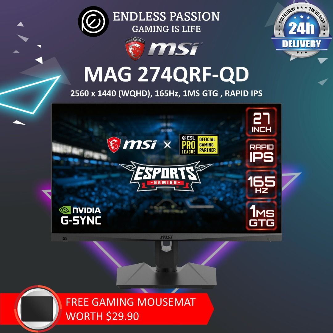 MSI G274QPF-QD, 27" Gaming Monitor, 2560 x 1440(QHD), IPS, 170Hz, FreeSync Premium, HDR400, HDMI ...