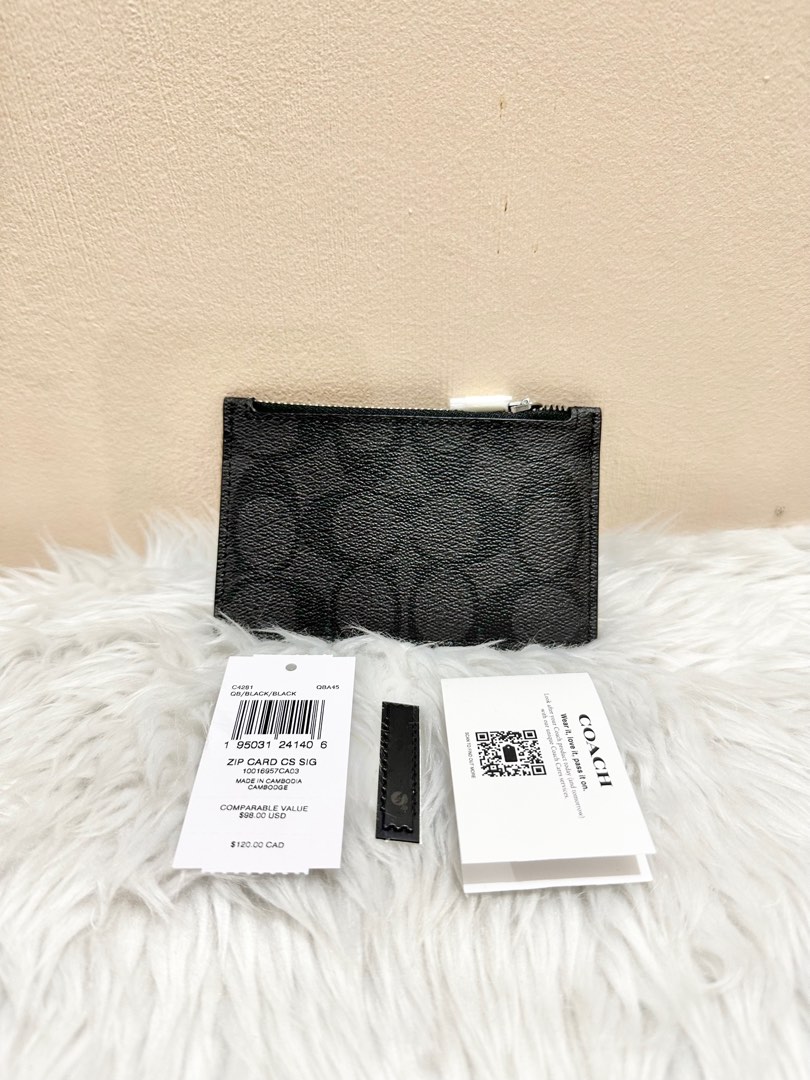 Original Coach Mens Zip Card Case In Signature Black Canvas, Luxury ...