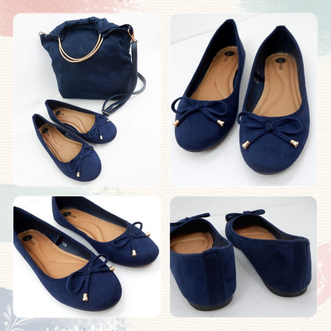 SOLEMATE & PARISIAN Navy Blue Suede 3 Way Bag and Flat Ballet Shoes Set ...