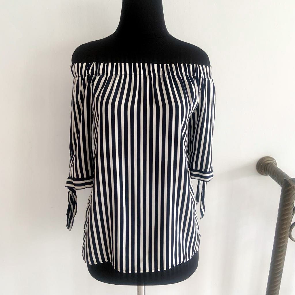 Tops Atasan Blus Wanita model Sabrina, Hitam Putih, corak Garis-Garis, Fesyen Wanita, Pakaian ...