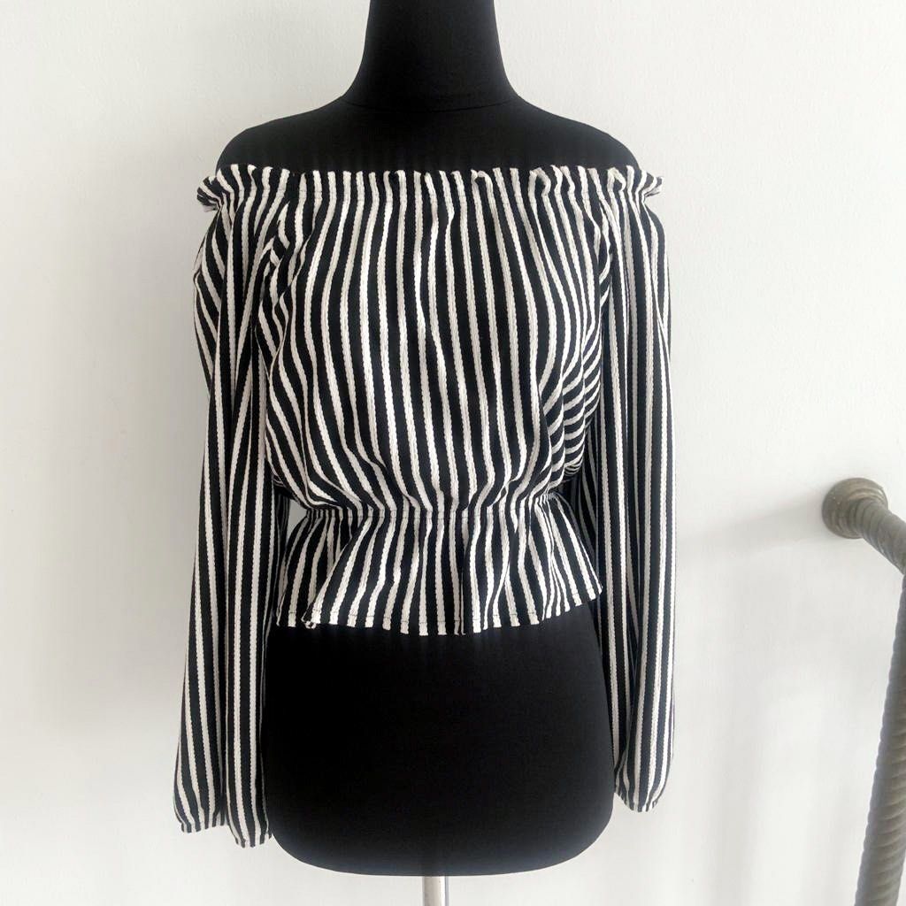 Tops Atasan Blus Wanita model Sabrina, Hitam Putih Garis-Garis, Fesyen Wanita, Pakaian Wanita ...
