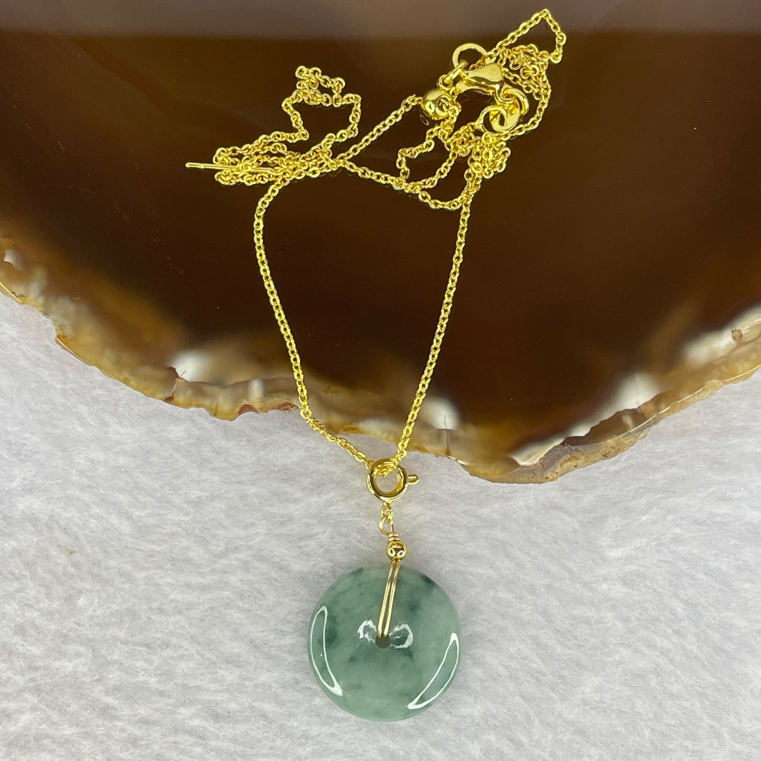 Type A Semi Icy Piao Hua Green Jadeite Ping An Kou Donut in 14KGF Necklace 5.62g 20.3 by 3.9mm ...