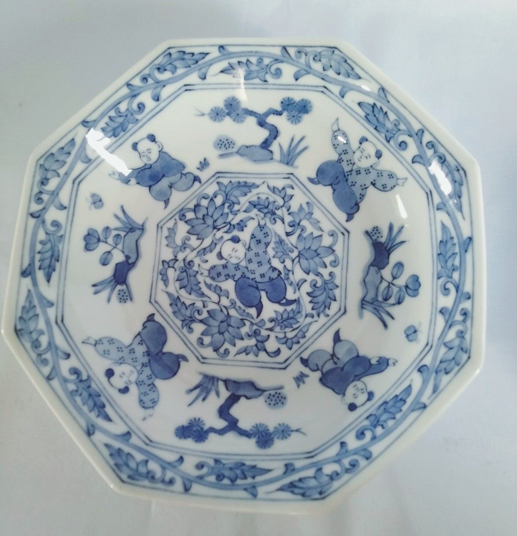 Vintage Karako (5 Kids Playing) Blue White Octagonal Bowls, Furniture ...