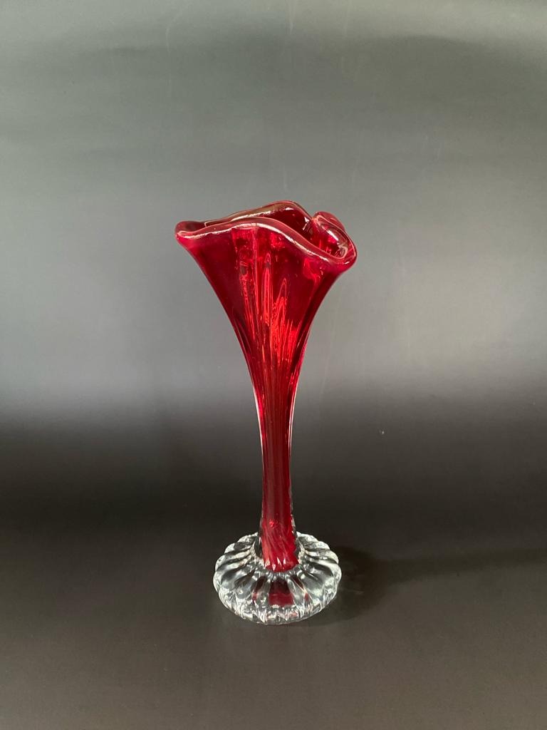 Vintage Ruby Red Ruffled Glass Vase with Twisted Ribbed Stem and Clear ...
