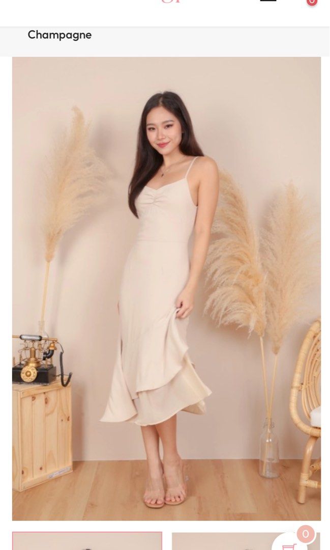 Wyna Asymmetric Midi Dress In Champagne, Women's Fashion, Dresses ...