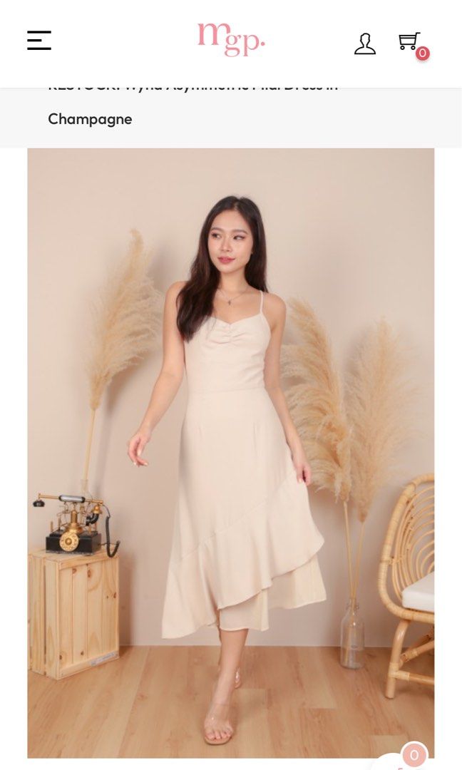 Wyna Asymmetric Midi Dress In Champagne, Women's Fashion, Dresses ...