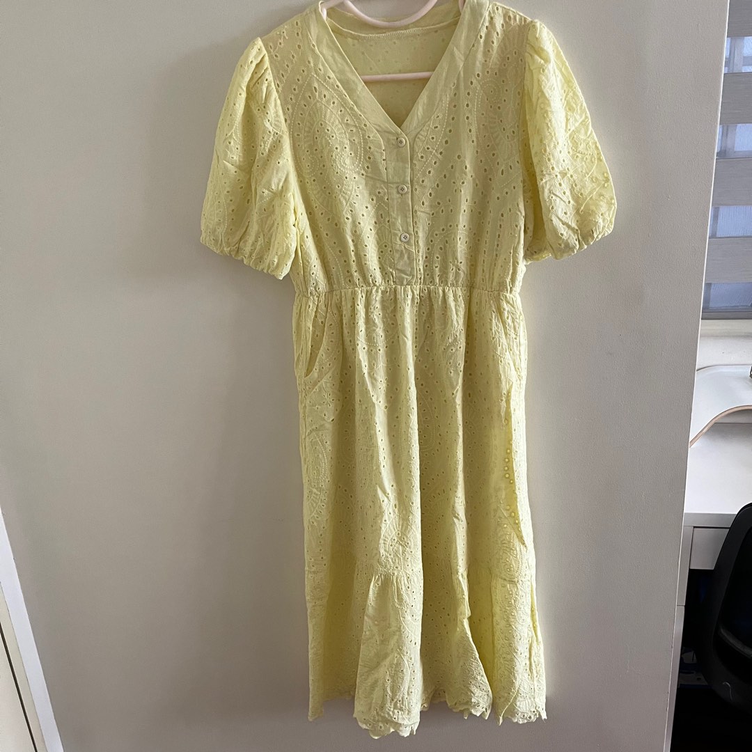Yellow Eyelet Dress, Women's Fashion, Dresses & Sets, Dresses on Carousell