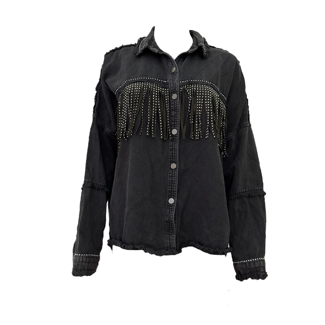 Zara denim jacket with fringe and rhinestones, Women's Fashion, Tops ...
