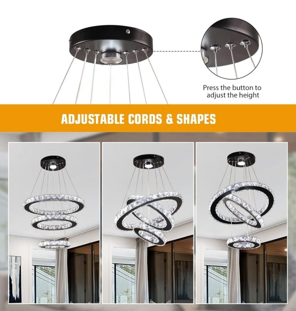 1.1)diisunbihuo Modern LED Crystal Black Chandeliers 3 Rings Pendant Light Adjustable Height ...
