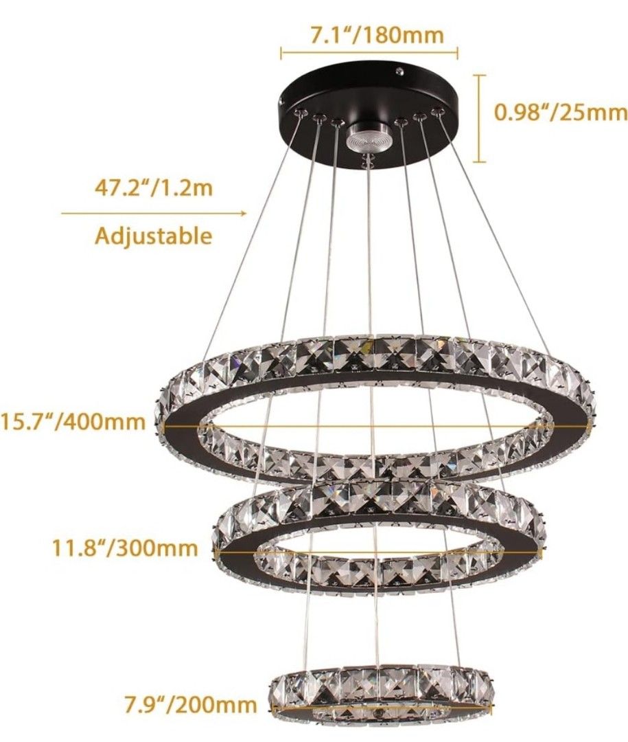 1.1)diisunbihuo Modern LED Crystal Black Chandeliers 3 Rings Pendant Light Adjustable Height ...