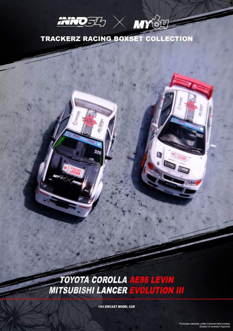 預訂 Pre-Order INNO 1:64 TOYOTA COROLLA AE86 Levin "TRACKERZ RACING" & MITSUBISHI LANCER EVOLUTION ...