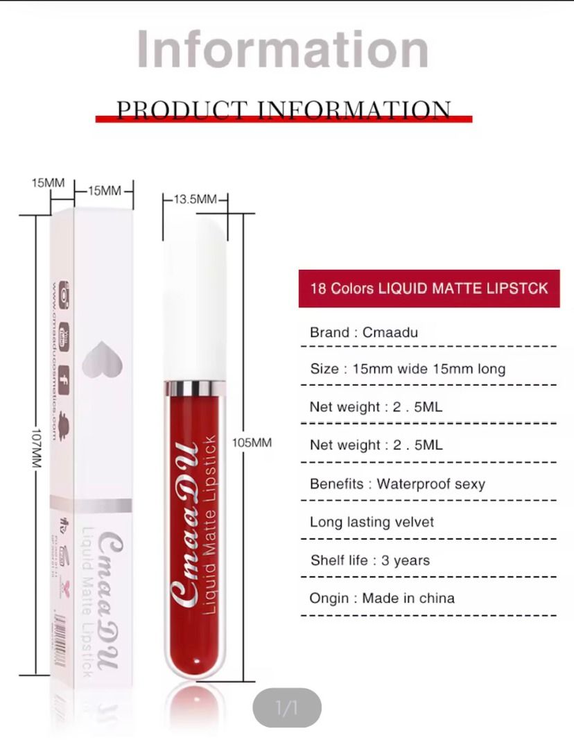 AUTHENTIC CMAADU WATERPROOF LIQUID MATTE LIPSTICK 2.5ML., Beauty ...