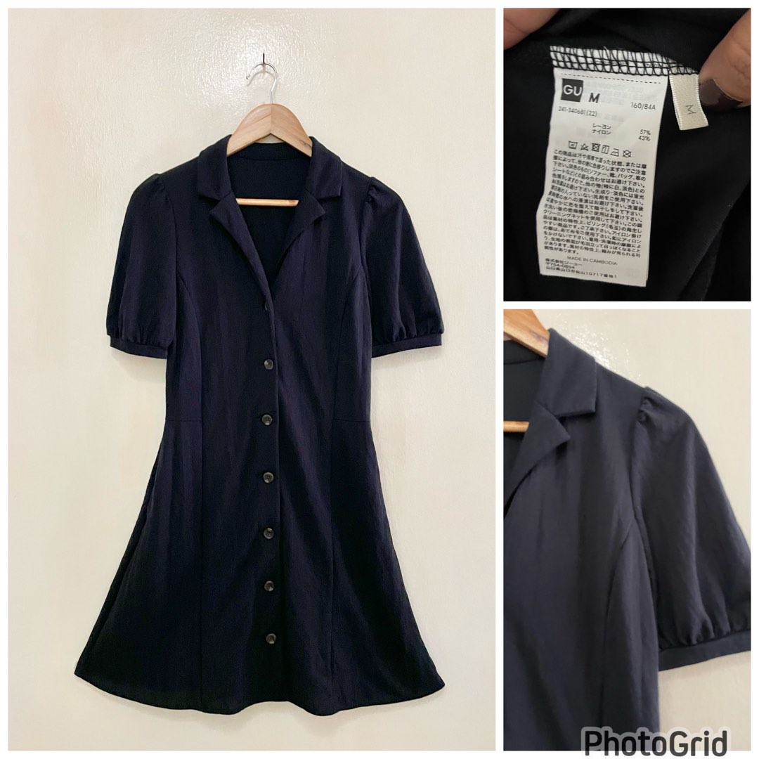Gu navy blue combined linen puff sleeve buttondown baby doll dress, Women's Fashion, Dresses ...