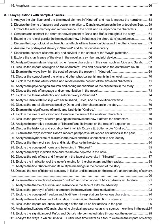 Kindred by Octavia E Butler Literature Study Guide Notes for GCE O ...