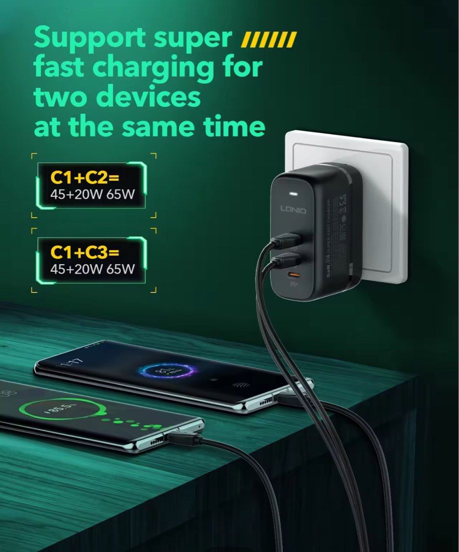 LDNIO Q367 65W GaN Fast Charger with 3 usb type-C and replacable UK,EU ...