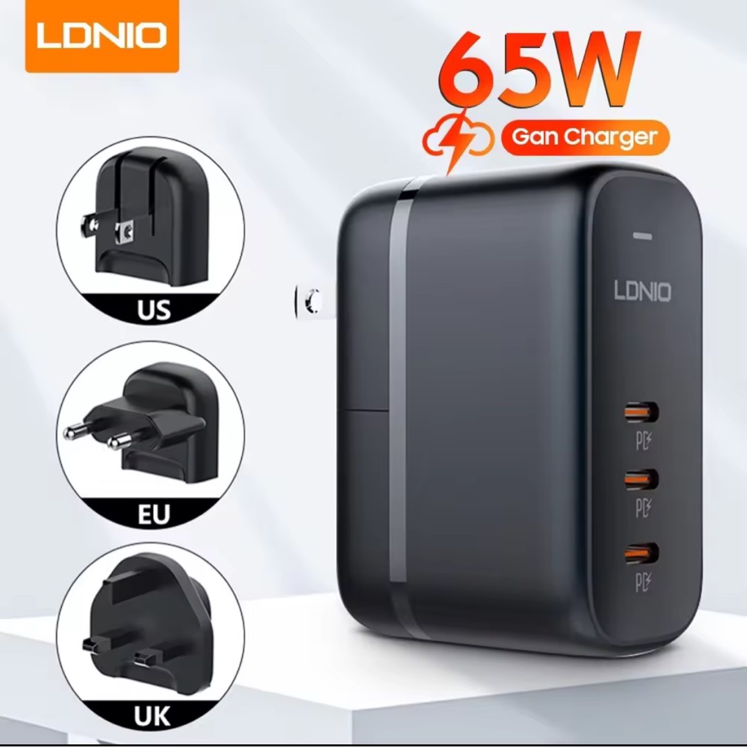 LDNIO Q367 65W GaN Fast Charger with 3 usb type-C and replacable UK,EU ...